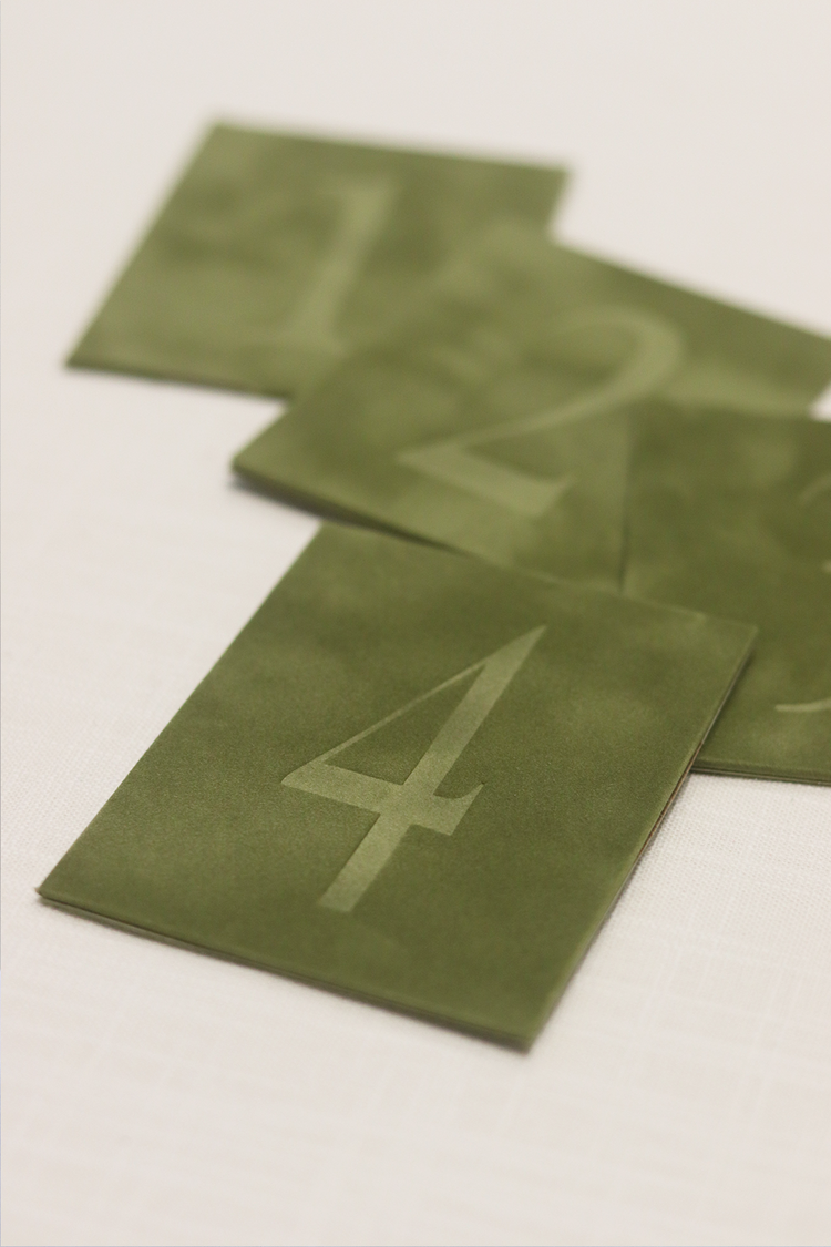 Clover Green Velvet Table Numbers | RENTAL – Creative in Bloom